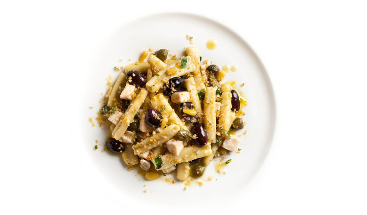 Maccheroncini with Swordfish, Capers, Olives, and Pine Nuts - CIA Foodies